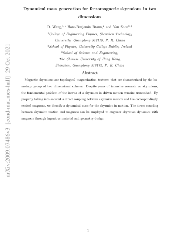 (PDF) Dynamical Mass Generation for Ferromagnetic Skyrmions in Two Dimensions