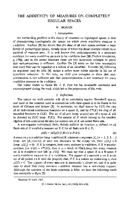 (PDF) The Additivity of Measures on Completely Regular Spaces