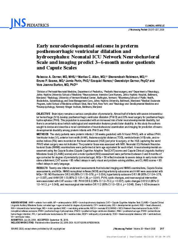 (PDF) Early neurodevelopmental outcome in preterm posthemorrhagic ...