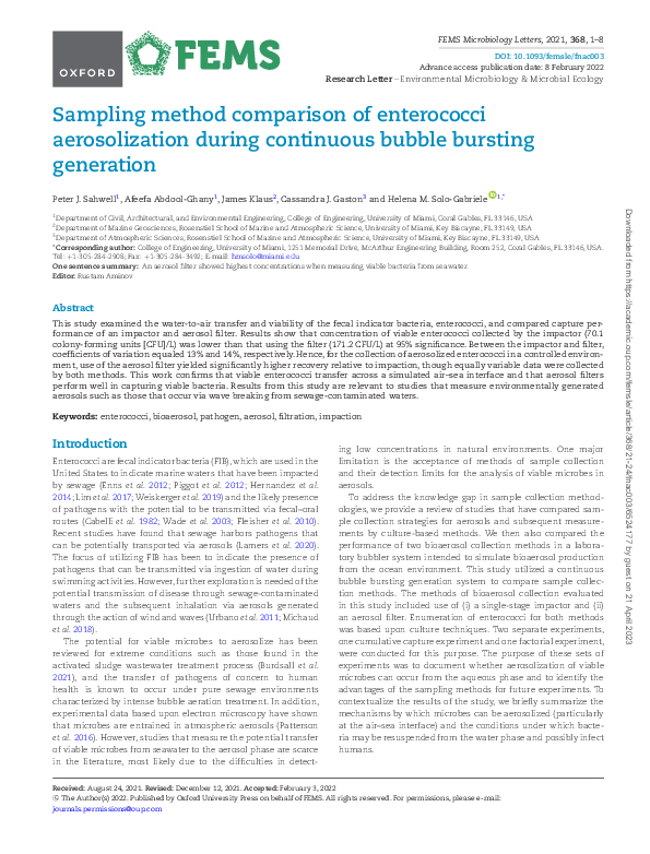 (PDF) Sampling method comparison of enterococci aerosolization during ...