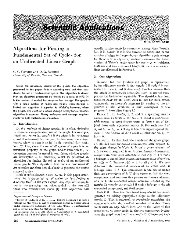 Pdf Algorithms For Finding A Fundamental Set Of Cycles For An Undirected Linear Graph M S 