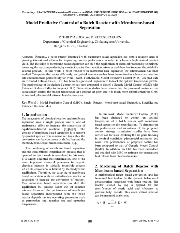 Pdf Model Predictive Control Of A Batch Reactor With Membrane Based Separation