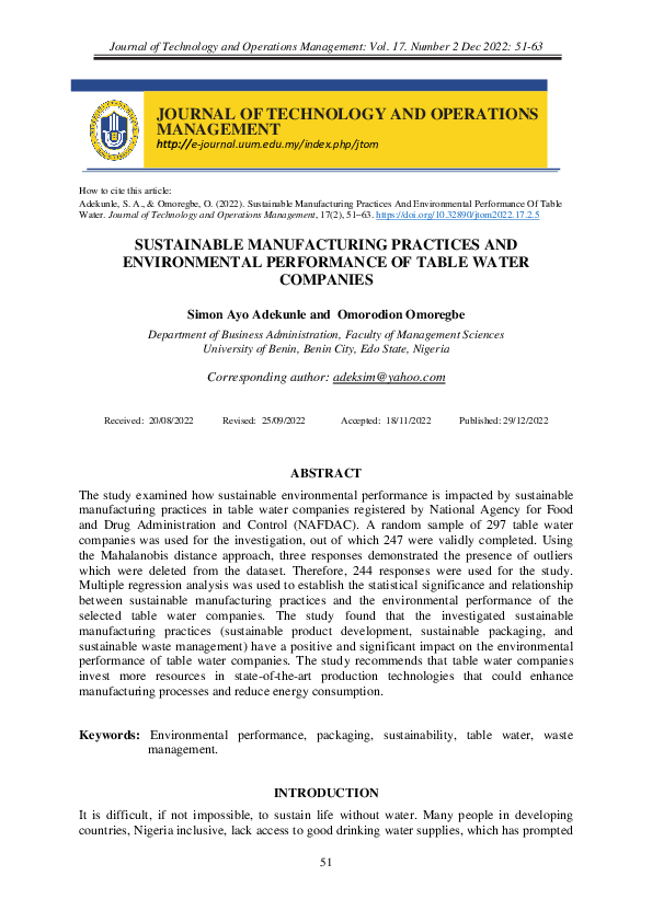 (PDF) Sustainable Manufacturing Practices and Environmental Performance of Table Water Companies