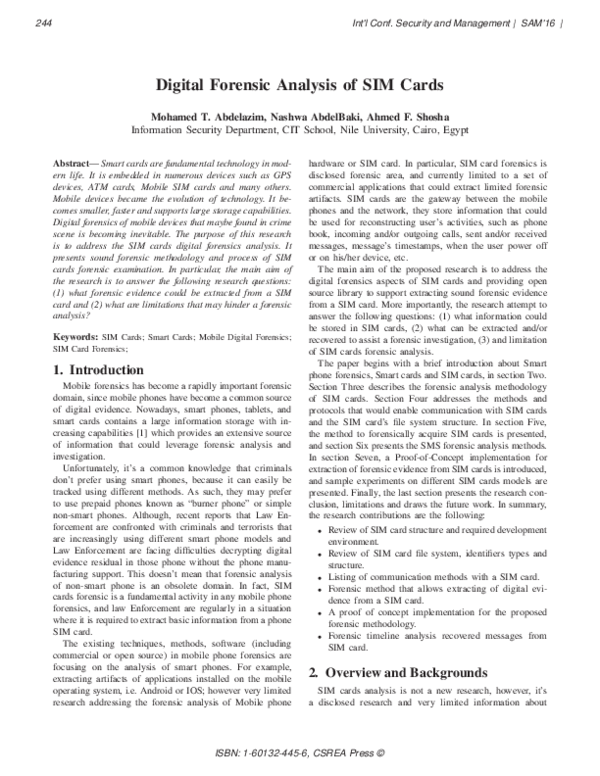 (PDF) Digital Forensic Analysis of SIM Cards