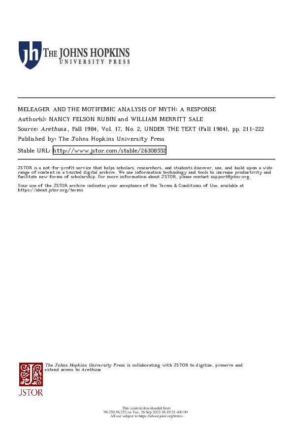 (PDF) MELEAGER AND ODYSSEUS: A MOTIFEMIC ANALYSIS | Nancy R Felson ...