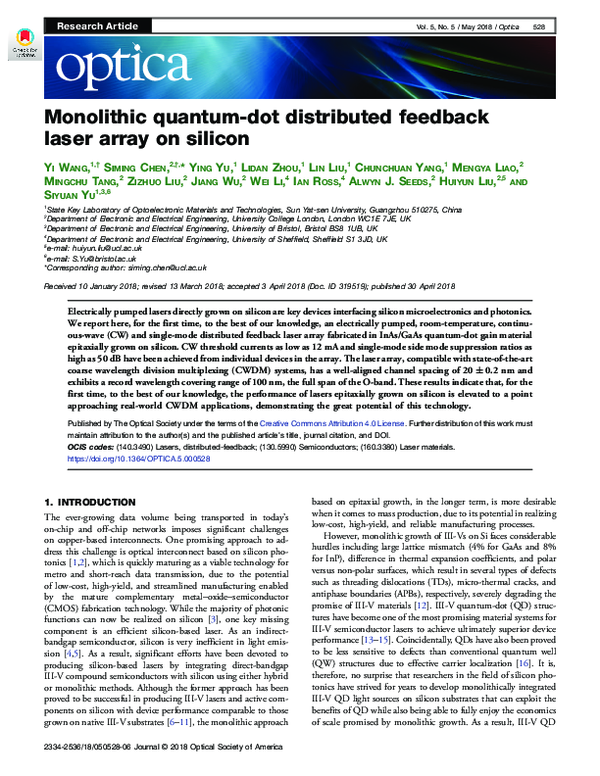 (PDF) Monolithic quantum-dot distributed feedback laser array on silicon