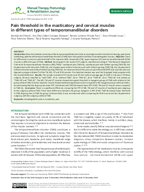 (PDF) Pain threshold in the masticatory and cervical muscles in ...