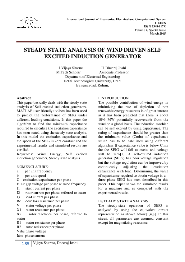 Pdf 35 Steady State Analysis Of Wind Driven Self Excited Induction Generator