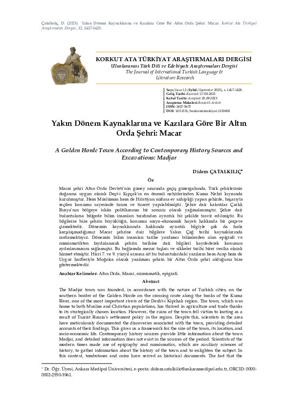 (PDF) Yakın Dönem Kaynaklarına ve Kazılara Göre Bir Altın Orda Şehri: Macar