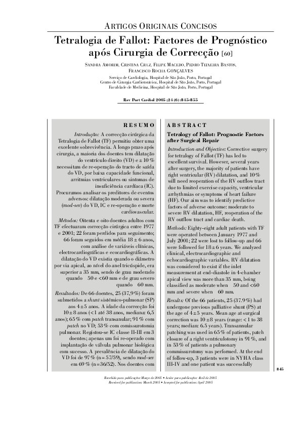 (PDF) Tetralogy of Fallot: prognostic factors after surgical repair