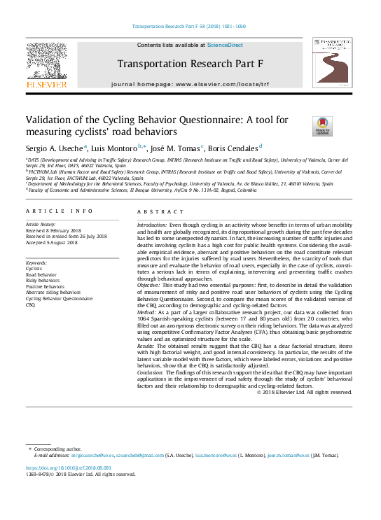 (PDF) Validation of the Cycling Behavior Questionnaire: A tool for ...