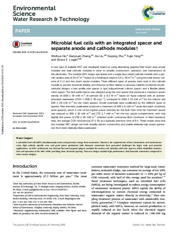 (PDF) Microbial fuel cells with an integrated spacer and separate anode and cathode modules