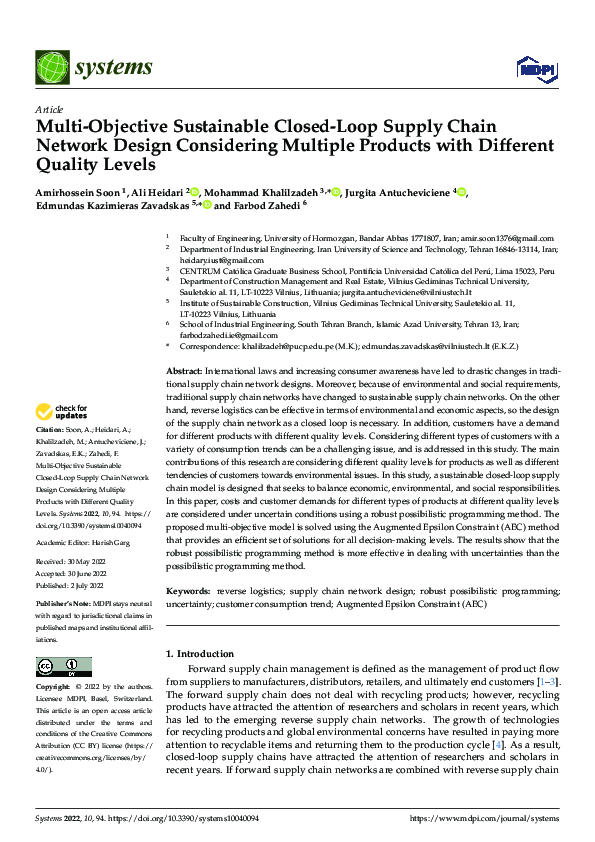 Pdf Multi Objective Sustainable Closed Loop Supply Chain Network