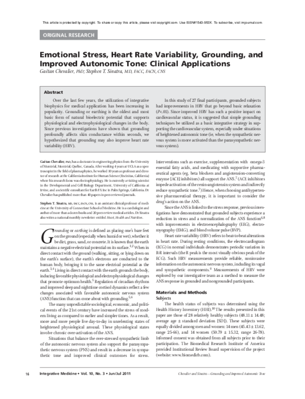(PDF) Emotional Stress, Heart Rate Variability, Grounding, and Improved Autonomic Tone: Clinical ...