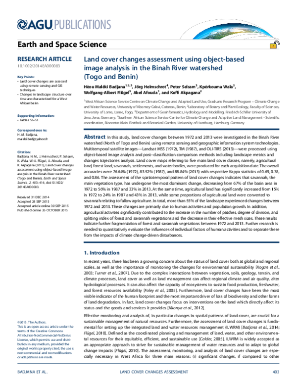 (PDF) Land cover changes assessment using object‐based image analysis in the Binah River ...