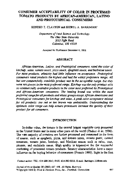 (PDF) Consumer Acceptability of Color in Processed Tomato Products by ...