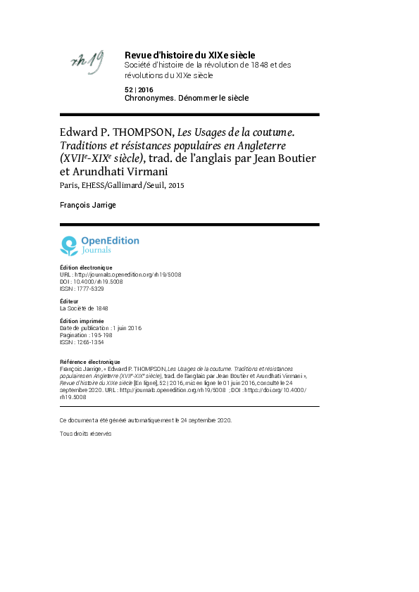 (PDF) Edward P. THOMPSON, Les Usages de la coutume. Traditions et ...