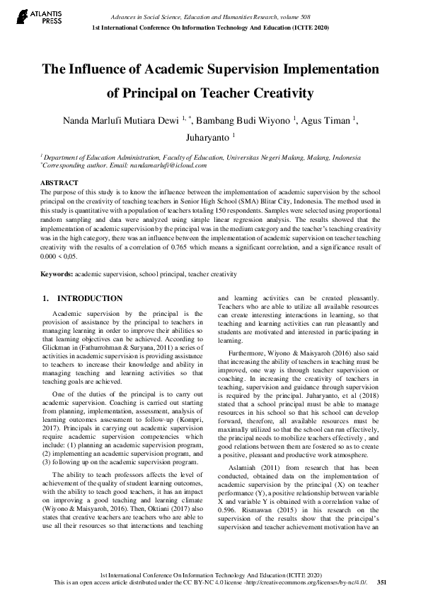 (PDF) The Influence of Academic Supervision Implementation of Principal on Teacher Creativity