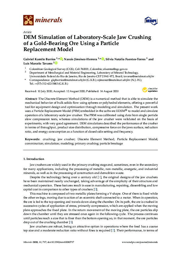 (PDF) DEM Simulation of Laboratory-Scale Jaw Crushing of a Gold-Bearing ...