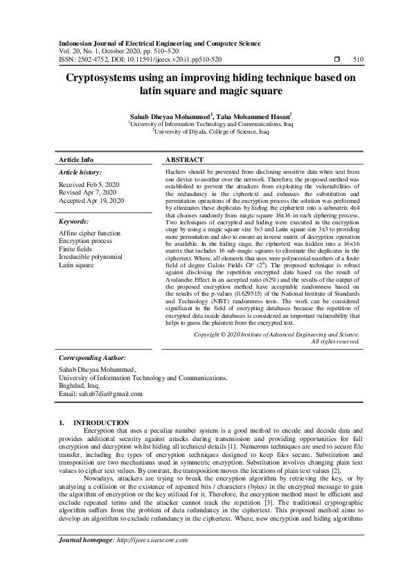(PDF) Cryptosystems using an improving hiding technique based on latin square and magic square