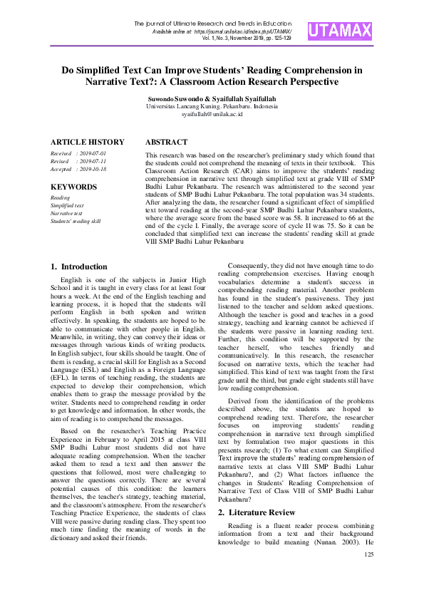 (PDF) Do Simplified Text Can Improve Students’ Reading Comprehension in Narrative Text?: A ...