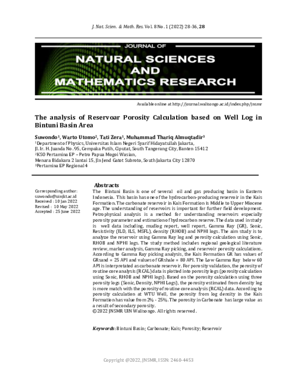 (PDF) The analysis of Reservoar Porosity Calculation based on Well Log ...