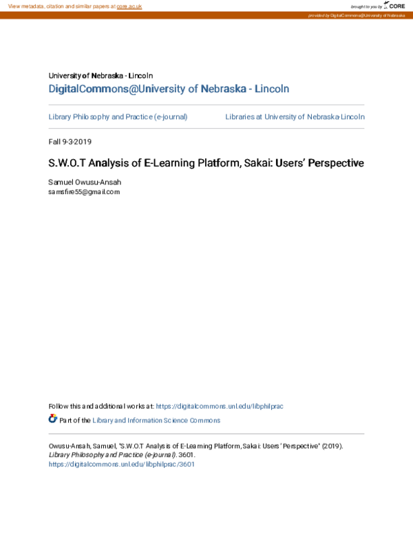 (PDF) S.W.O.T Analysis of E-Learning Platform, Sakai: Users’ Perspective