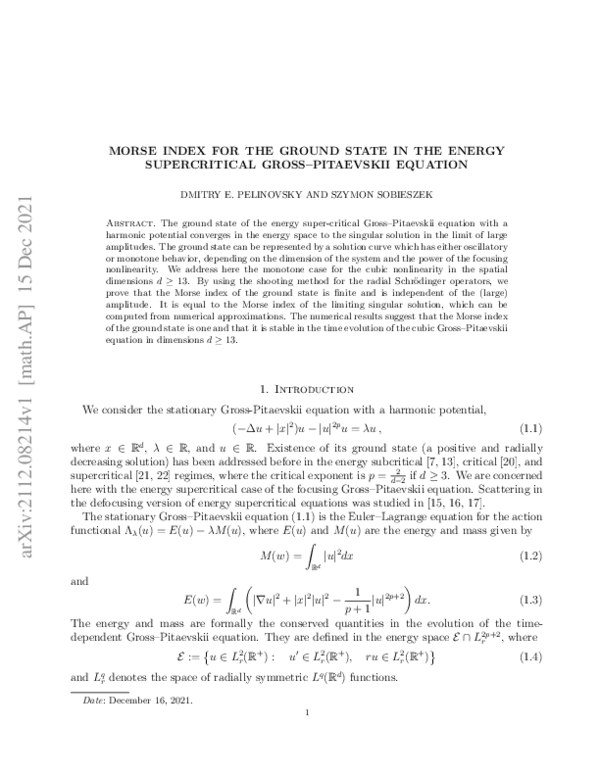 (PDF) Morse index for the ground state in the energy supercritical Gross–Pitaevskii equation