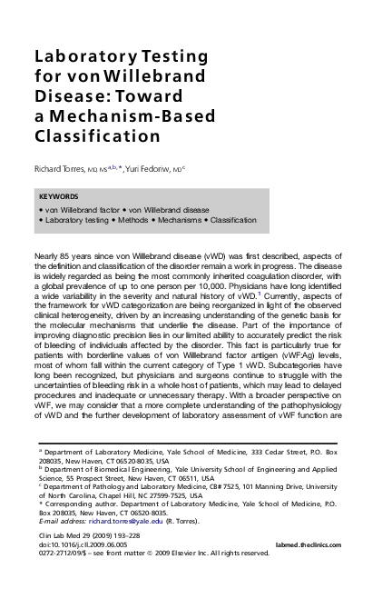 (PDF) Laboratory Testing for von Willebrand Disease: Contribution of ...