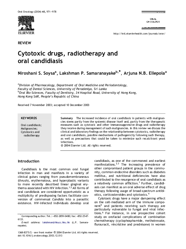 Pdf Cytotoxic Drugs Radiotherapy And Oral Candidiasis Lakshman Samaranayake