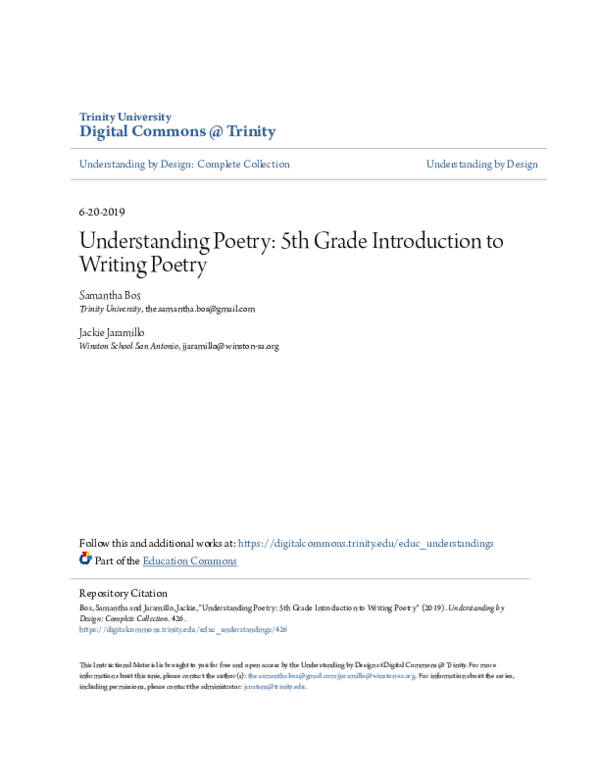 (PDF) Understanding Poetry: 5th Grade Introduction to Writing Poetry