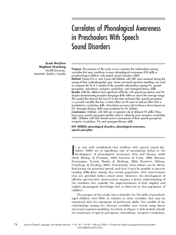 (PDF) Correlates of Phonological Awareness in Preschoolers With Speech ...