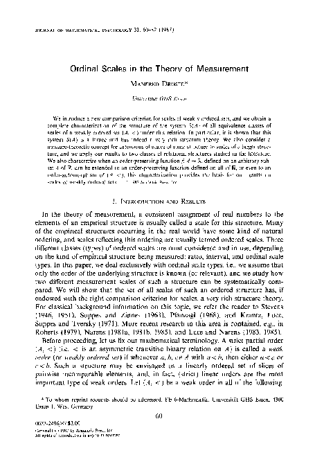 (PDF) Ordinal scales in the theory of measurement