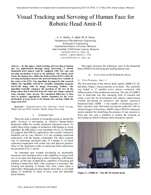 (PDF) Visual tracking and servoing of human face for robotic head Amir-II