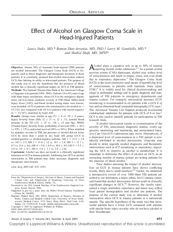 (PDF) Effect of Alcohol on Glasgow Coma Scale in Head-Injured Patients