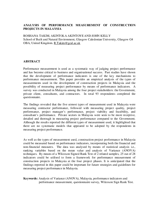 Pdf Analysis Of Performance Measurement Of Construction Projects In