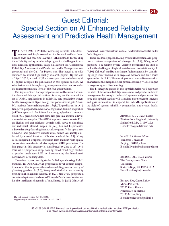 (PDF) Guest Editorial: Special Section on AI Enhanced Reliability Assessment and Predictive ...