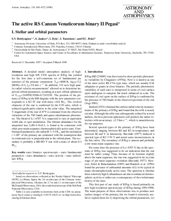 (PDF) The active RS Canum Venaticorum binary II Pegasi. I. Stellar and ...