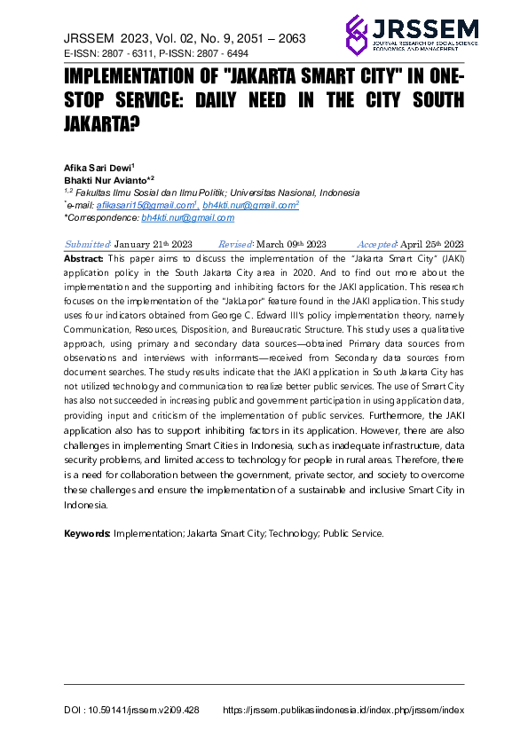 (PDF) Implementation of "Jakarta Smart City" In One-Stop-Service: Daily Need In The City South ...