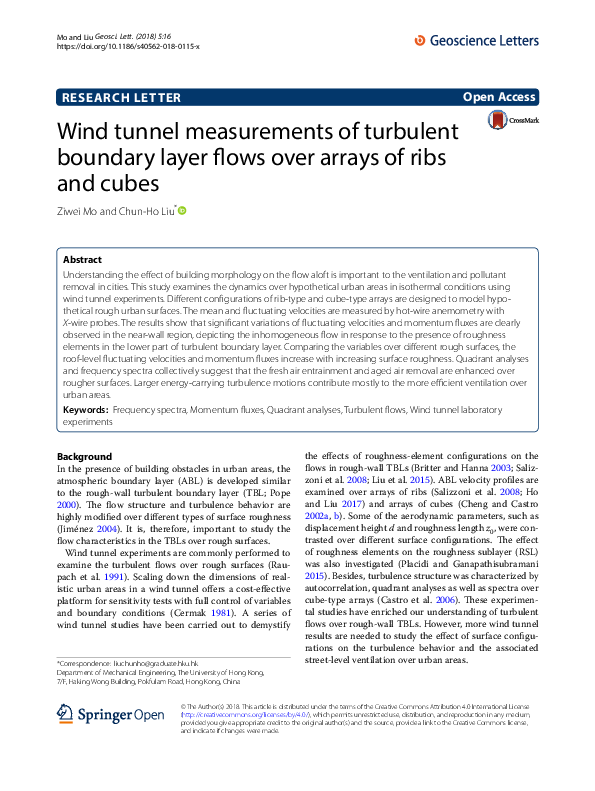 (PDF) Wind tunnel measurements of turbulent boundary layer flows over arrays of ribs and cubes