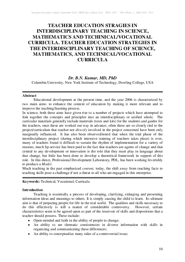 (PDF) Teacher Education Stragies in Interdisciplinary Teaching in ...