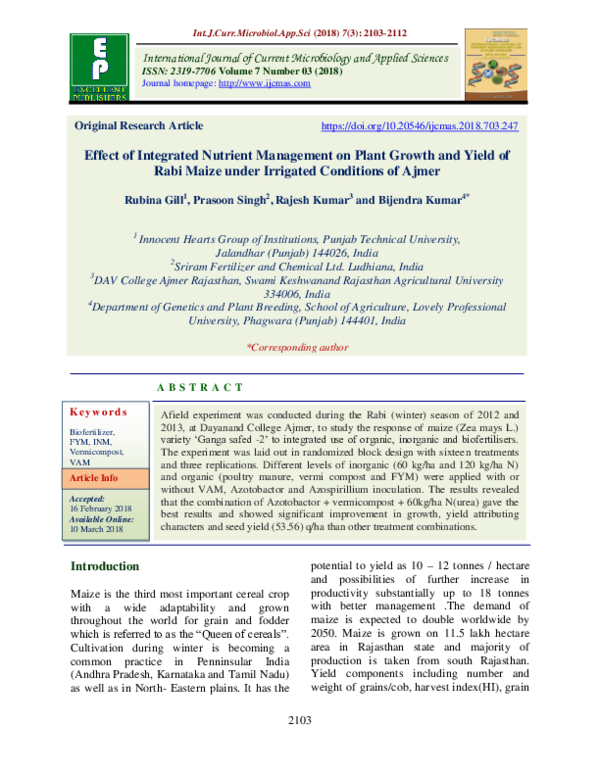 (PDF) Effect of Integrated Nutrient Management on Plant Growth and Yield of Rabi Maize under ...