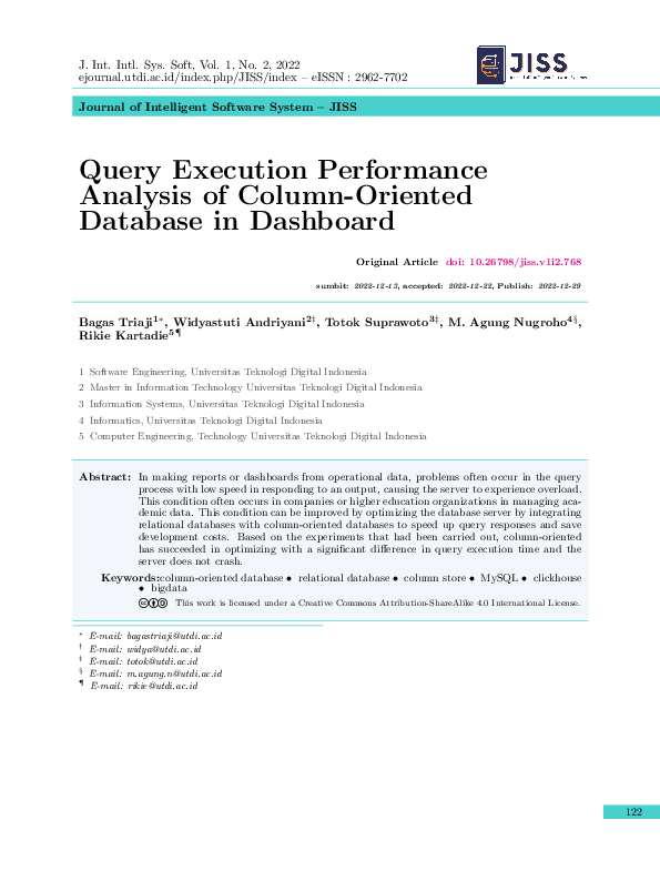 Pdf Query Execution Performance Analysis Of Column Oriented Database In Dashboard Totok