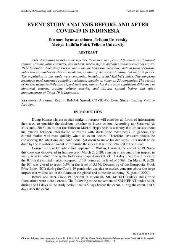 (PDF) Event Study Analysis Before and After COVID-19 in Indonesia