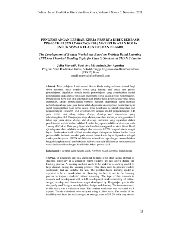 (PDF) Pengembangan Lembar Kerja Peserta Didik Berbasis Problem Based Learning (PBL) Materi ...