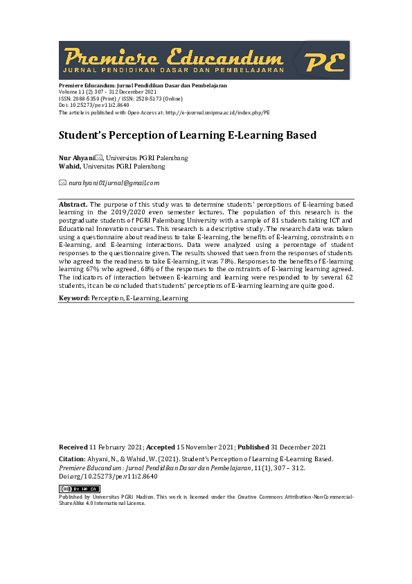(PDF) Student’s Perception of E-Learning | wahid wahid - Academia.edu