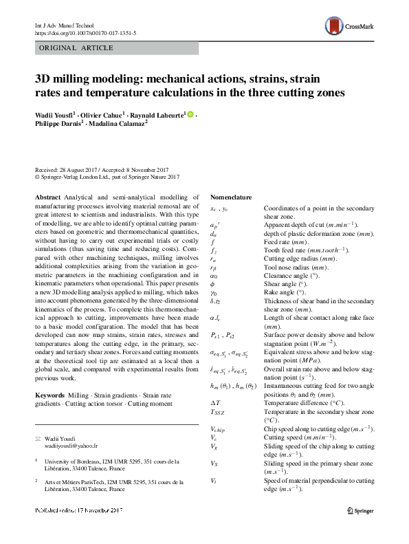 (PDF) 3D milling modeling: mechanical actions, strains, strain rates ...