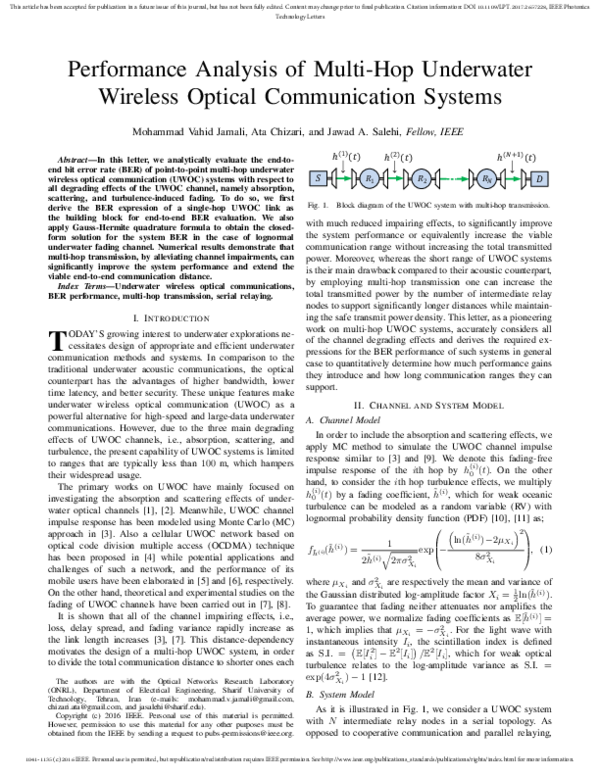 (PDF) Performance Analysis of Multi-Hop Underwater Wireless Optical Communication Systems
