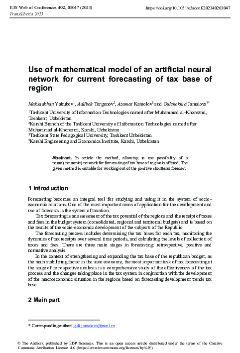 (PDF) Use of mathematical model of an artificial neural network for current forecasting of tax ...
