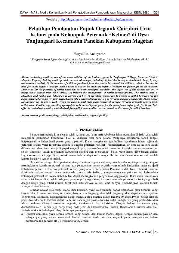 (PDF) Pelatihan Pembuatan Pupuk Organik Cair dari Urin Kelinci pada Kelompok Peternak "Kelinci ...